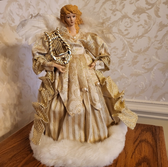 Holiday | Golden Angel Figurine Tree Topper With A Harp And Feathered ...